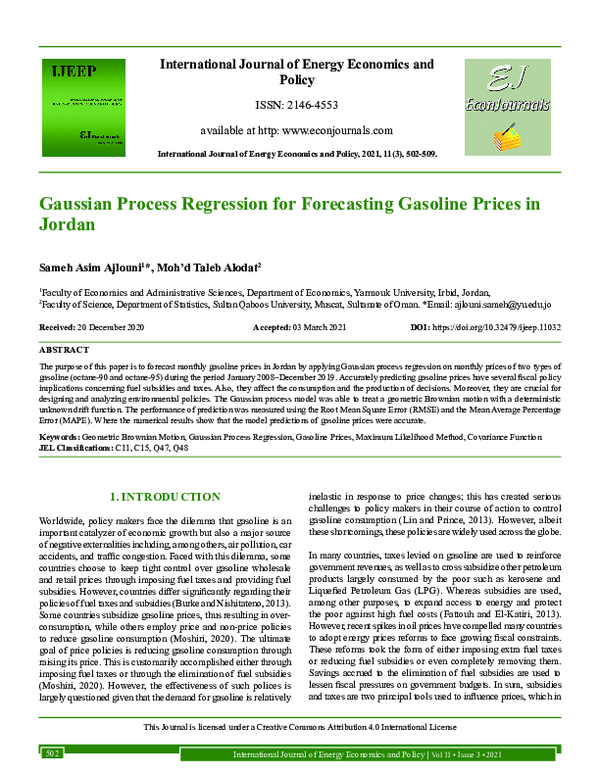 (PDF) Gaussian Process Regression for Forecasting Gasoline Prices in Jordan