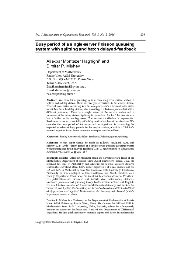 Pdf Busy Period Of A Single Server Poisson Queueing System With Splitting And Batch Delayed