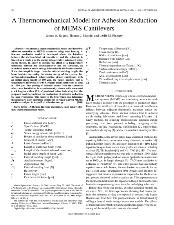 (PDF) A Thermomechanical Model for Adhesion Reduction of MEMS Microcantilevers | Thomas Mackin ...