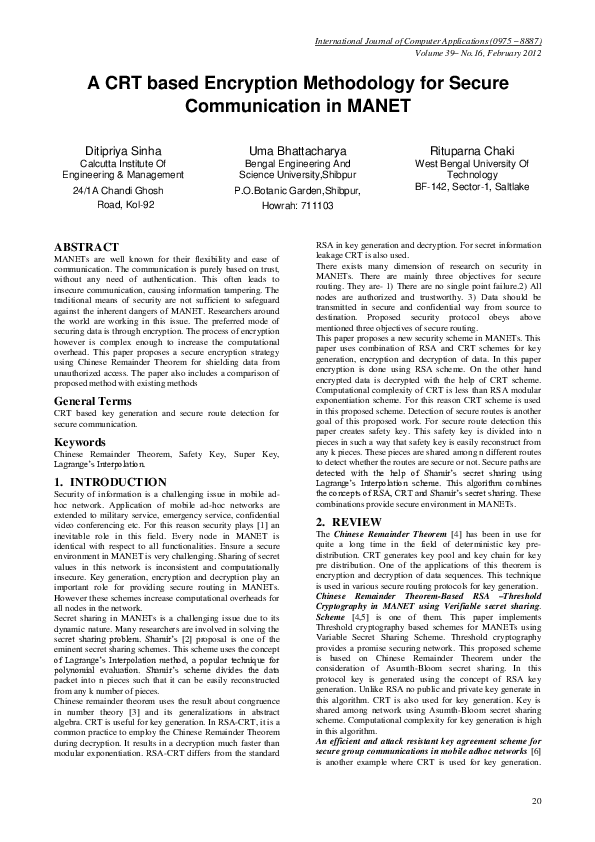 (PDF) A CRT based encryption methodology for secure communication in MANET