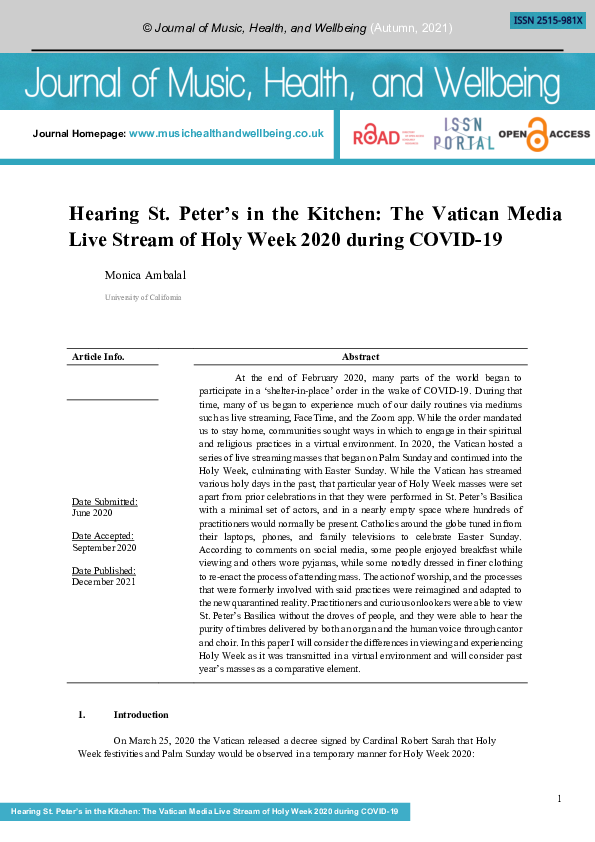 (PDF) Hearing St. Peter's Basilica in the Kitchen: Vatican Media ...