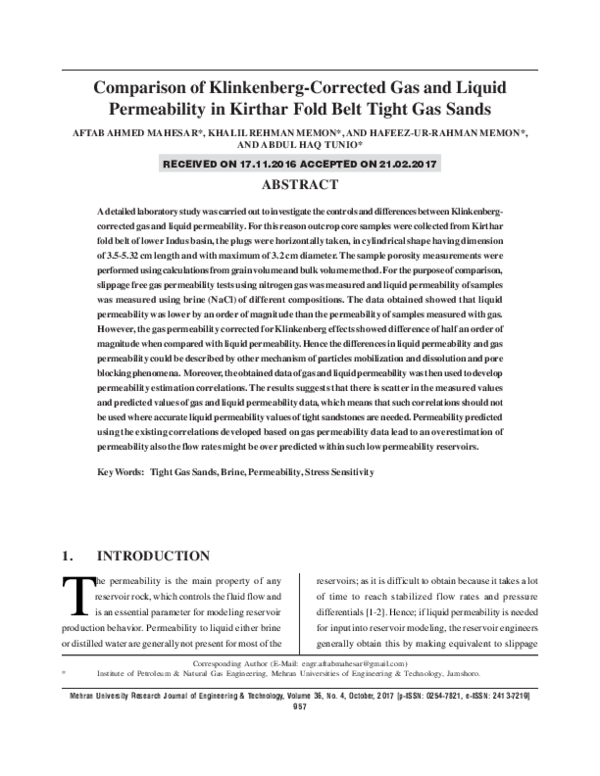 (PDF) Comparison of Klinkenberg-Corrected Gas and Liquid Permeability ...