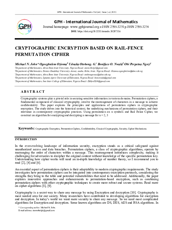 Pdf Cryptographic Encryption Based On Rail Fence Permutation Cipher