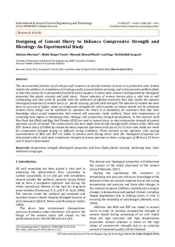 Pdf Designing Of Cement Slurry To Enhance Compressive Strength And