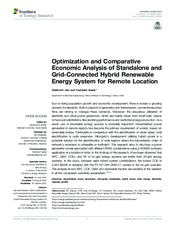 Pdf Optimization And Comparative Economic Analysis Of Standalone And