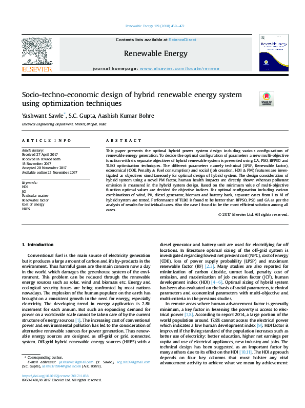(PDF) Socio-techno-economic design of hybrid renewable energy system using optimization techniques