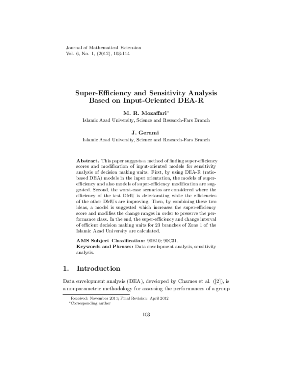 Pdf Super Efficiency And Sensitivity Analysis Based On Input Oriented
