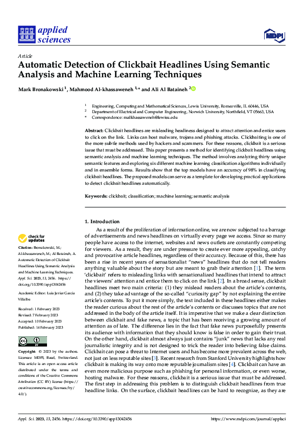 Automatic Detection Of Clickbait Headlines Using Semantic Analysis And