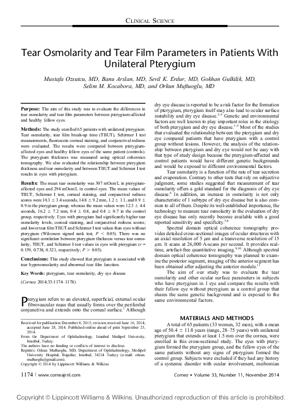 (PDF) Tear Osmolarity and Tear Film Parameters in Patients With ...