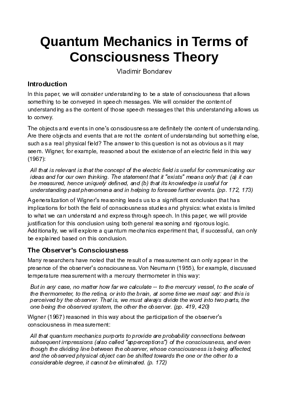 (PDF) Quantum Mechanics in Terms of Consciousness Theory
