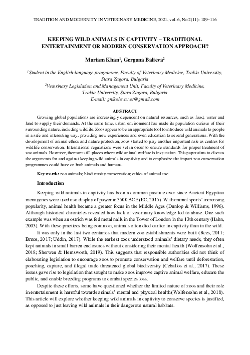 (PDF) Keeping Wild Animals in Captivity – Traditional Entertainment or ...