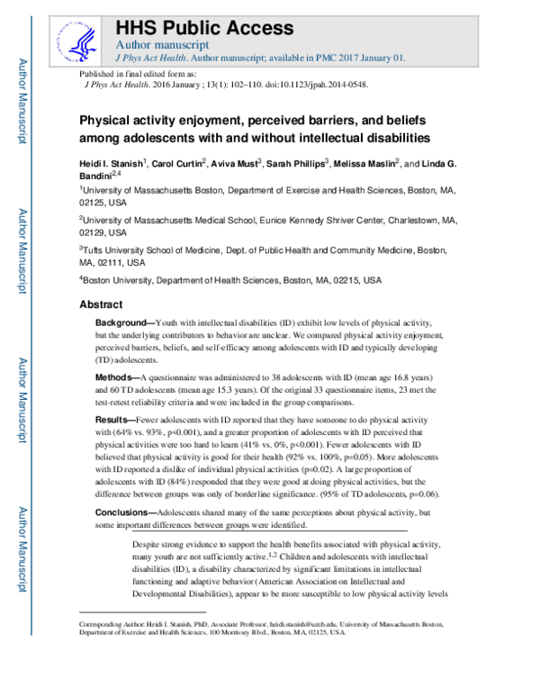(PDF) Physical Activity Enjoyment, Perceived Barriers, and Beliefs ...