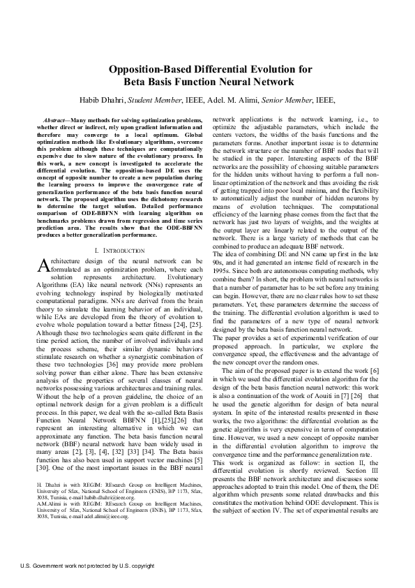 Pdf Opposition Based Differential Evolution For Beta Basis Function Neural Network