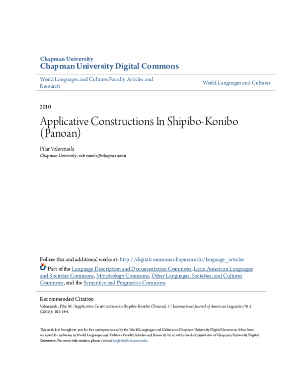 (PDF) Applicative Constructions in Shipibo-Konibo (Panoan)