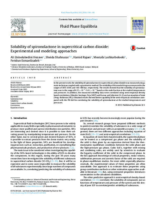 (PDF) Solubility of spironolactone in supercritical carbon dioxide: Experimental and modeling ...