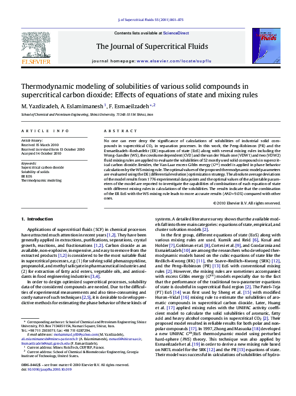 (PDF) Thermodynamic modeling of solubilities of various solid compounds in supercritical carbon ...