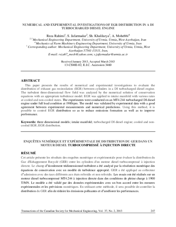 (PDF) Numerical and Experimental Investigations of Egr Distribution in a DI Turbocharged Diesel ...