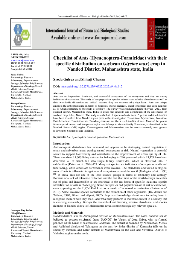 (PDF) Checklist of Ants (Hymenoptera-Formicidae) with their specific distribution on soybean ...