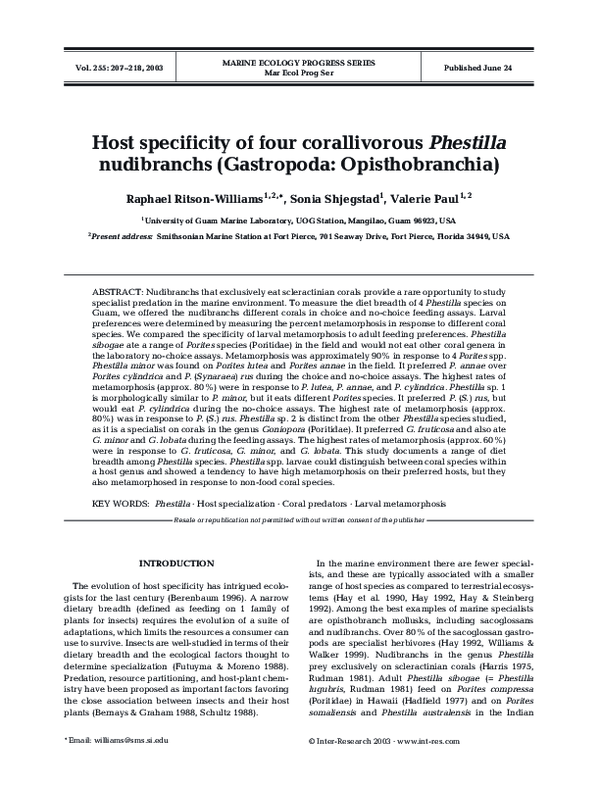 (PDF) Host specificity of four corallivorous Phestilla nudibranchs ...