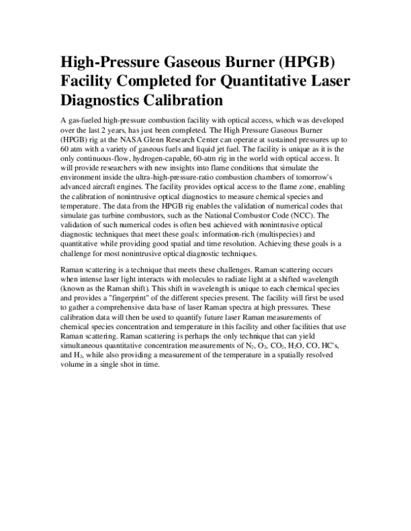 (PDF) High-Pressure Gaseous Burner (HPGB) Facility Completed for ...