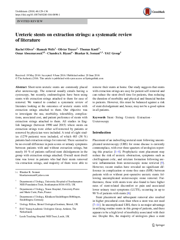 (PDF) Ureteric stents on extraction strings: a systematic review of literature