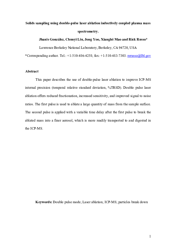 (PDF) Solids sampling using double-pulse laser ablation inductivelycoupled plasma mass spectrometry