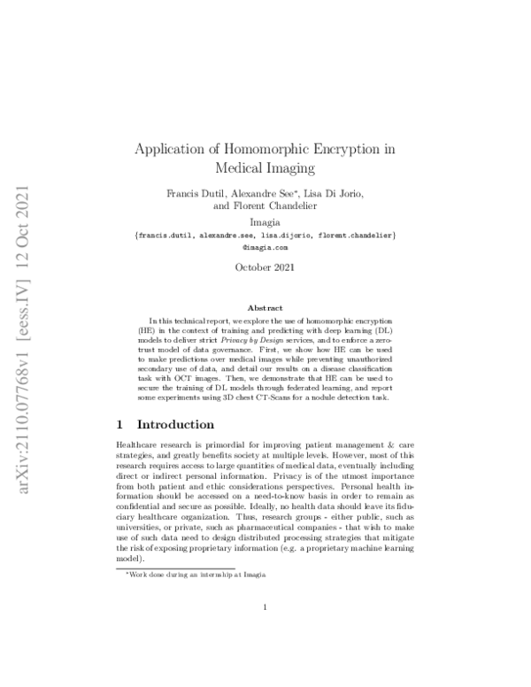 (PDF) Application of Homomorphic Encryption in Medical Imaging