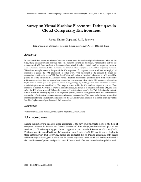 Pdf Survey On Virtual Machine Placement Techniques In Cloud Computing Environment 