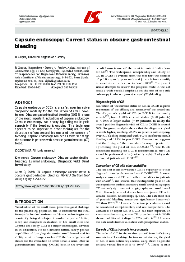 Pdf Capsule Endoscopy Current Status In Obscure Gastrointestinal Bleeding