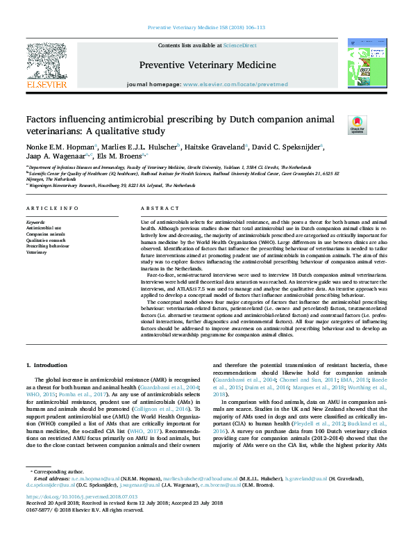 (PDF) Factors influencing antimicrobial prescribing by Dutch companion animal veterinarians: A ...
