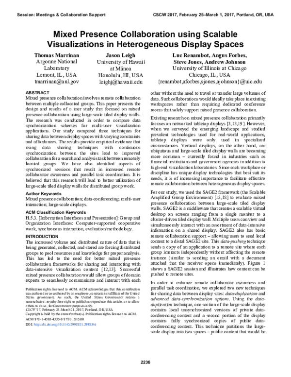 (PDF) Mixed Presence Collaboration using Scalable Visualizations in Heterogeneous Display Spaces ...