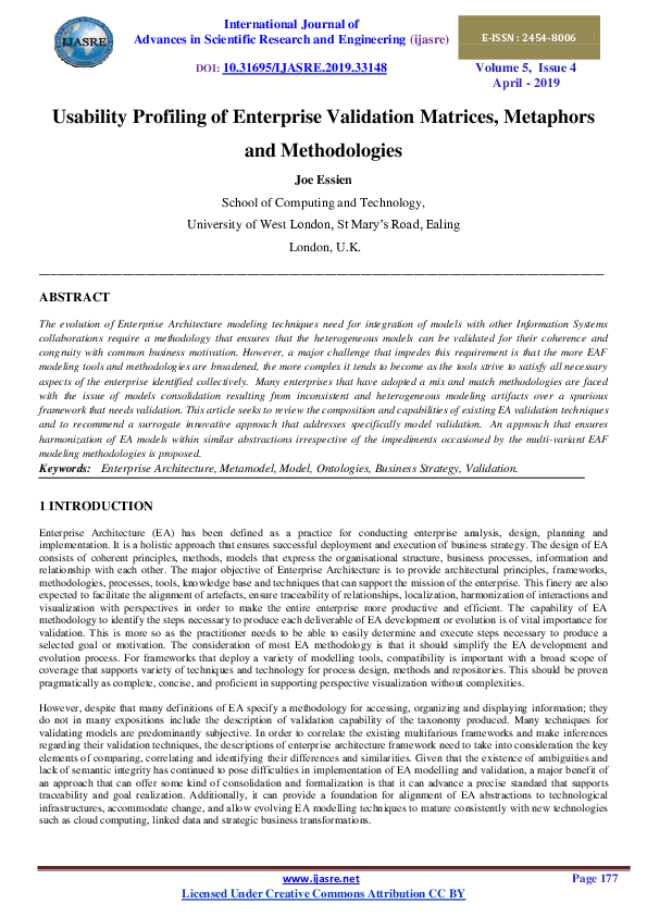 (PDF) Usability Profiling of Enterprise Validation Matrices, Metaphors and Methodologies