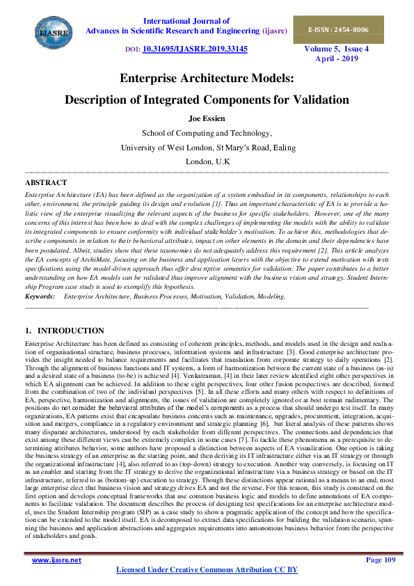 (PDF) Enterprise Architecture Models: Description of Integrated Components for Validation
