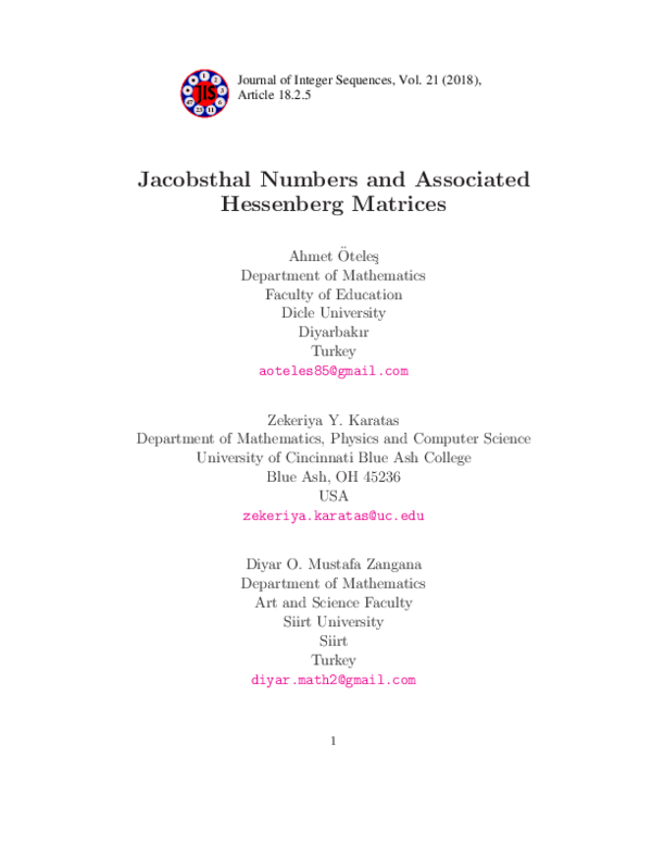 (PDF) Jacobsthal Numbers and Associated Hessenberg Matrices | Mustafa ...