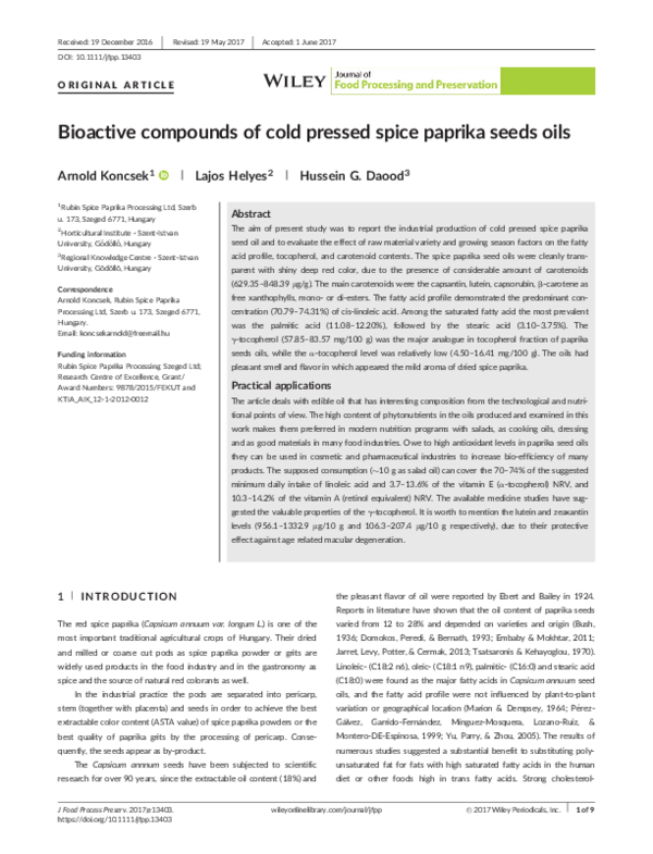 (PDF) Bioactive compounds of cold pressed spice paprika seeds oils ...