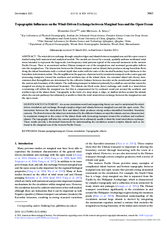 (PDF) Topographic Influences on the Wind-Driven Exchange between Marginal Seas and the Open Ocean