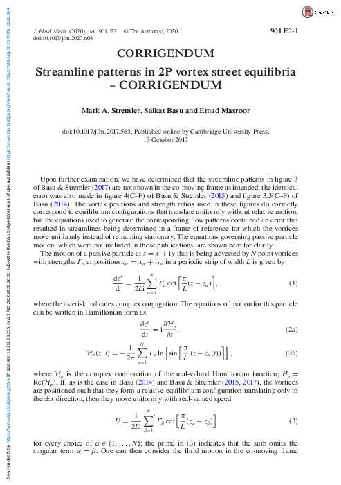 (PDF) Streamline patterns in 2P vortex street equilibria – CORRIGENDUM