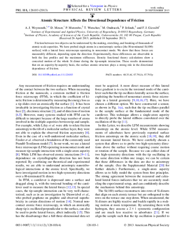 (PDF) Atomic Structure Affects the Directional Dependence of Friction | Franz Giessibl ...
