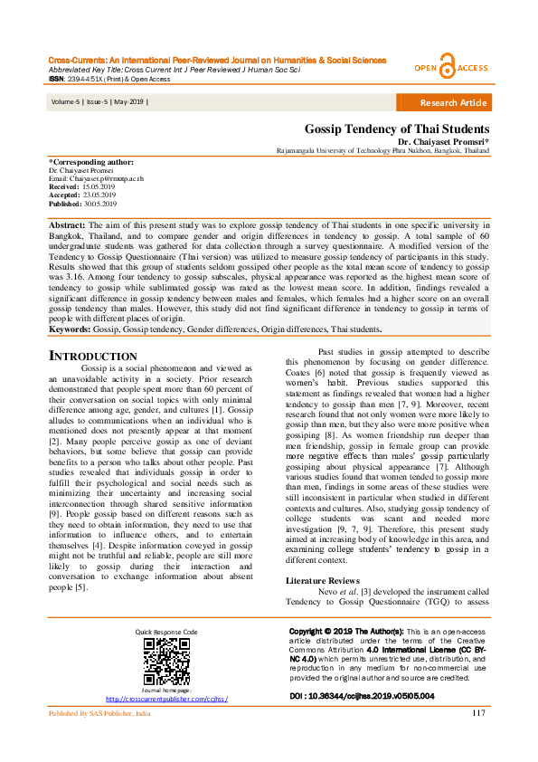 (PDF) Gossip Tendency of Thai Students