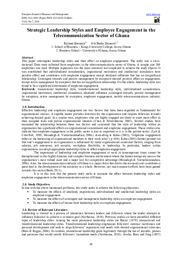 (PDF) Strategic Leadership Styles and Employee Engagement in the Telecommunication Sector of Ghana