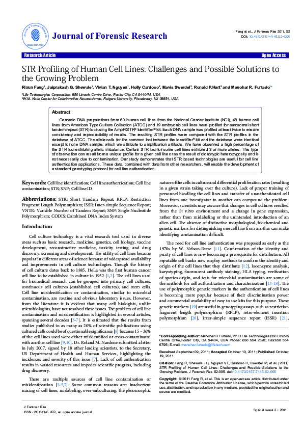 (PDF) STR Profiling of Human Cell Lines: Challenges and Possible ...