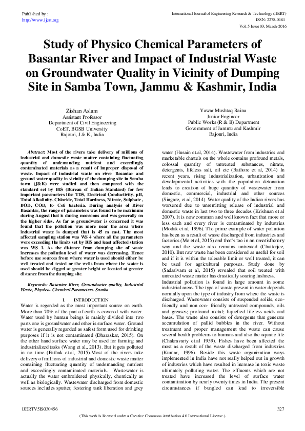(PDF) Study of Physico Chemical Parameters of Basantar River and Impact of Industrial Waste on ...