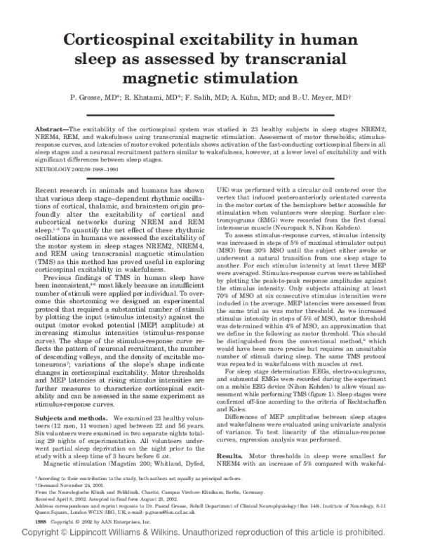 Pdf Corticospinal Excitability In Human Sleep As Assessed By Transcranial Magnetic Stimulation