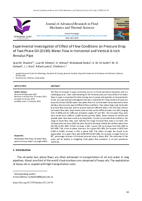 (PDF) Experimental Investigation of Effect of Flow Conditions on Pressure Drop of Two Phase Oil ...