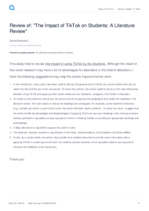 (PDF) Review of: "The Impact of TikTok on Students: A Literature Review