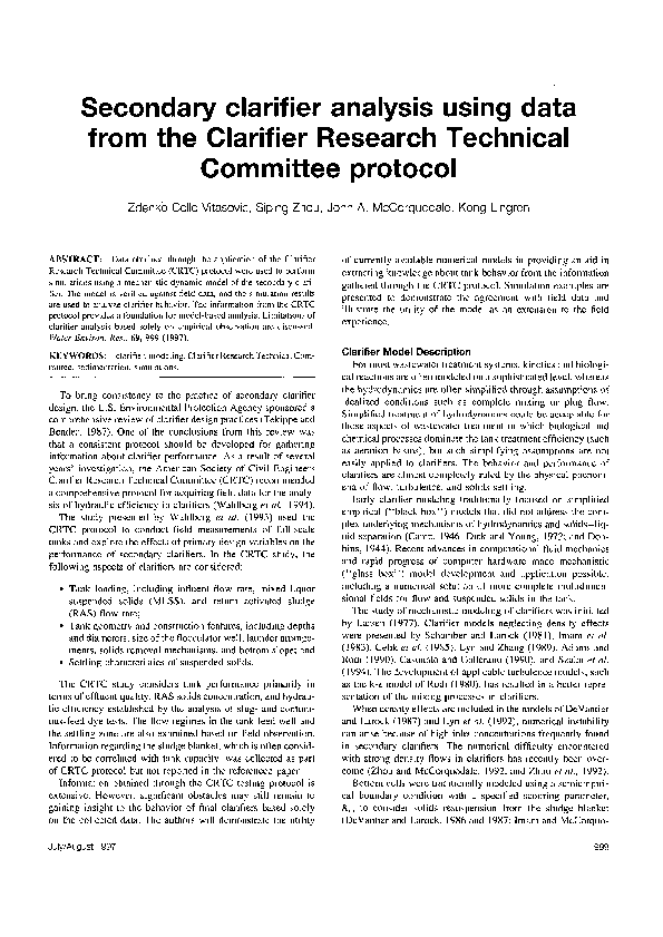 (PDF) Modeling and Analysis of Secondary Clarifiers