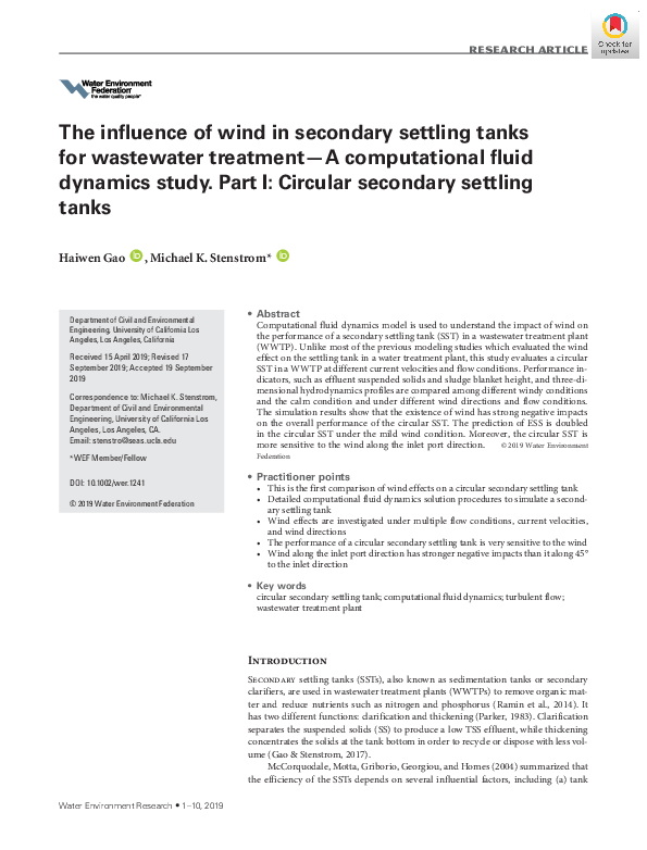 (PDF) The influence of wind in secondary settling tanks for wastewater treatment—A computational ...