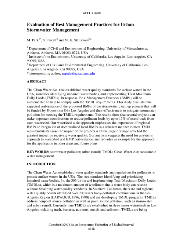 (PDF) Evaluation of Best Management Practices for Urban Stormwater Management