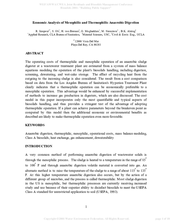 (PDF) Economic Analysis of Mesophilic and Thermophilic Anaerobic Digestion