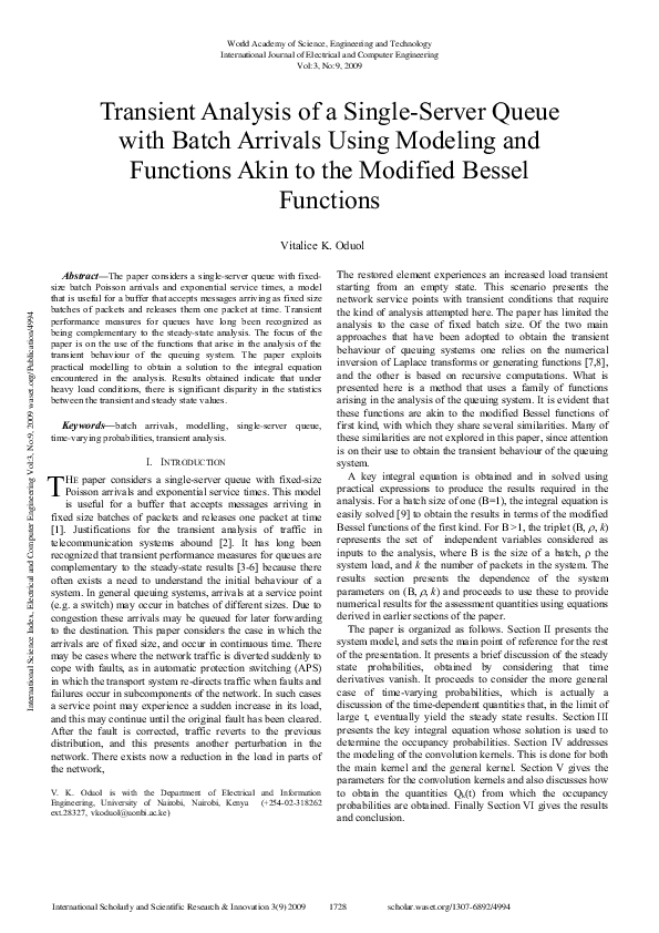 (PDF) Transient Analysis of a Single-Server Queue with Batch Arrivals Using Modeling and ...